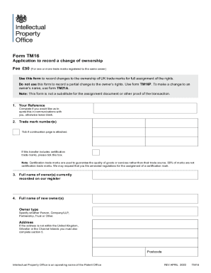 Fillable Online Application to record a change of ownership: Form TM16 ...