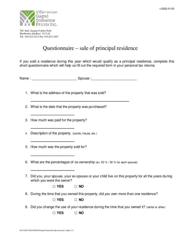 Fillable Online Questionnaire - sale of principal residence Fax Email ...