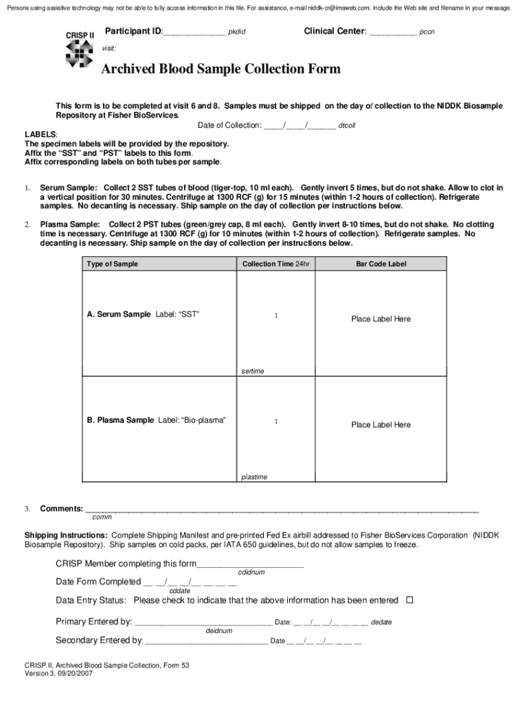 Fillable Online Archived Blood Sample Collection Form Fax Email Print ...