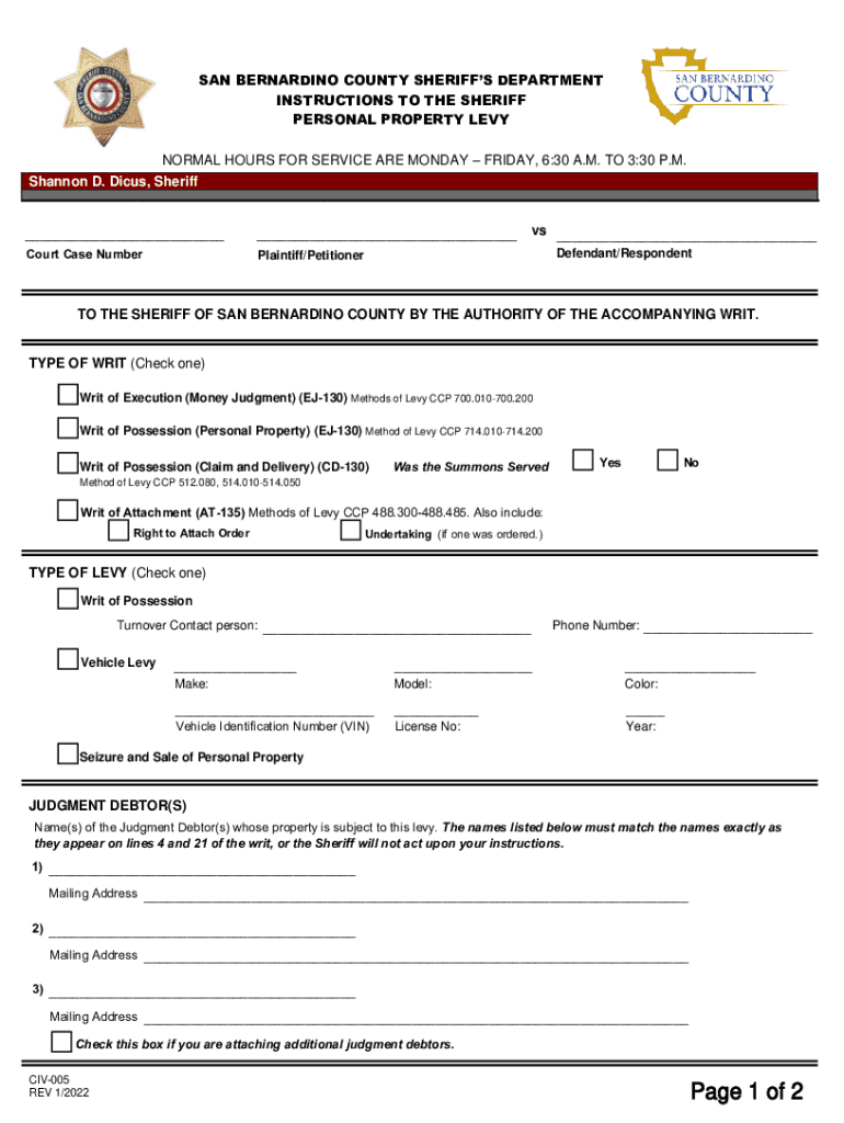 Fillable Online Civil Process ServicesSan Bernardino County Sheriff's Department Fax Email Print ...