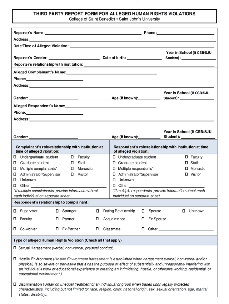 Fillable Online www.csbsju.edudocumentsHuman RightsTHIRD PARTY REPORT ...