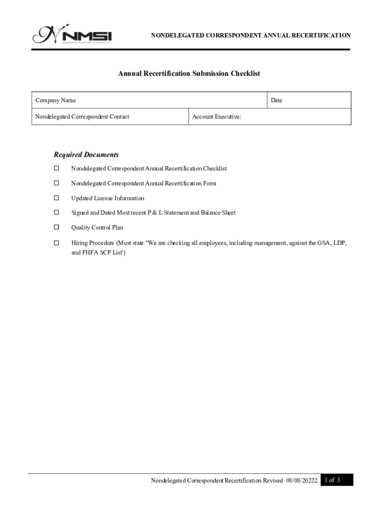 Fillable Online Annual Recertification Submission Checklist ... - NMSI ...
