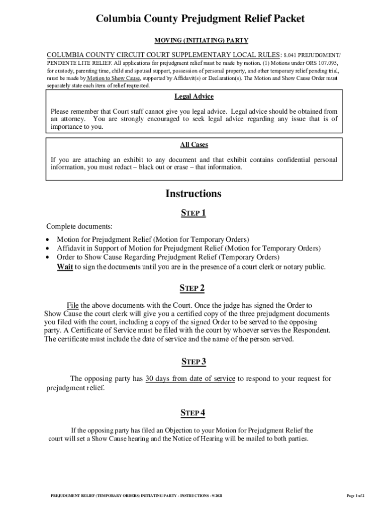 Fillable Online Instructions Columbia County Prejudgment Relief Packet ...