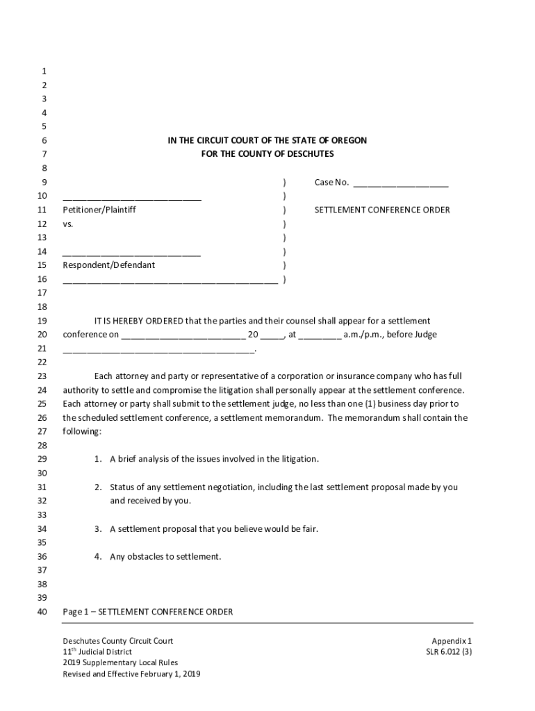 Fillable Online Settlement Conference Order - Oregon Judicial ...