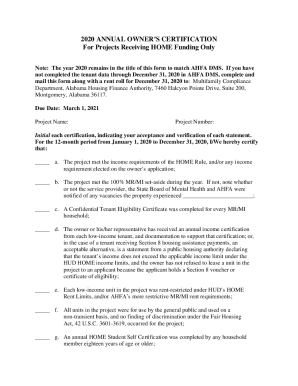 Fillable Online 2020 ANNUAL OWNER'S CERTIFICATION For Projects ... Fax ...