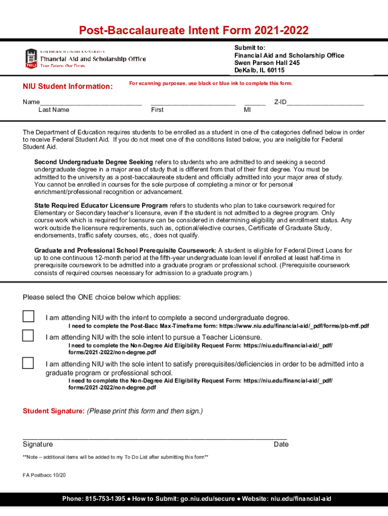 Fillable Online Post-Baccalaureate Intent Form 2021-2022 Fax Email ...