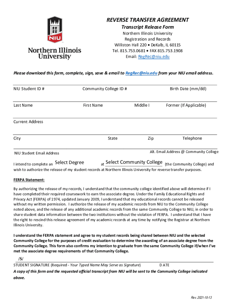 Fillable Online REVERSE TRANSFER AGREEMENT - Transcript Release Form ...