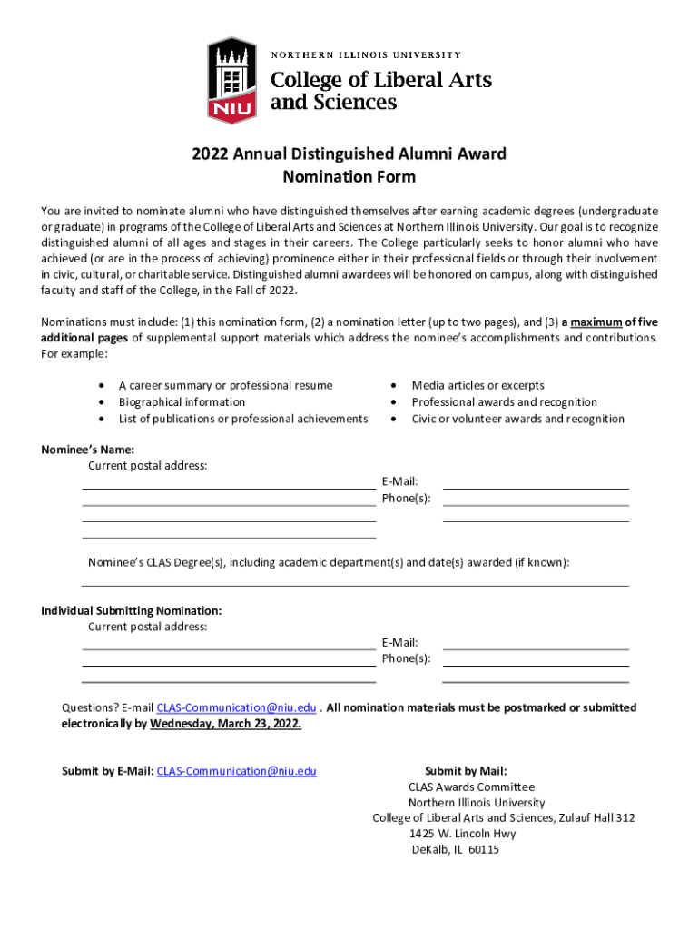 Fillable Online 2022 Annual Distinguished Alumni Award Nomination Form Fax Email Print - pdfFiller
