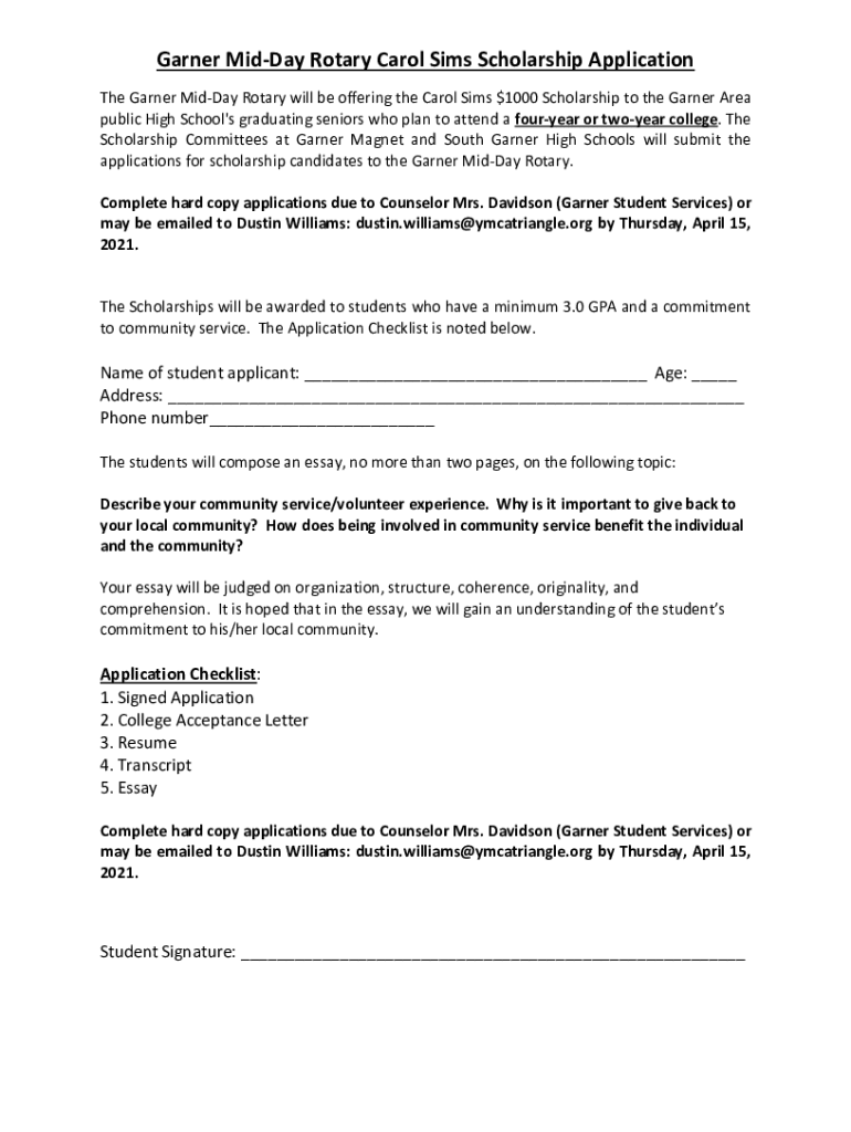 Fillable Online Garner Mid-Day Rotary Carol Sims Scholarship Application Fax Email Print - pdfFiller