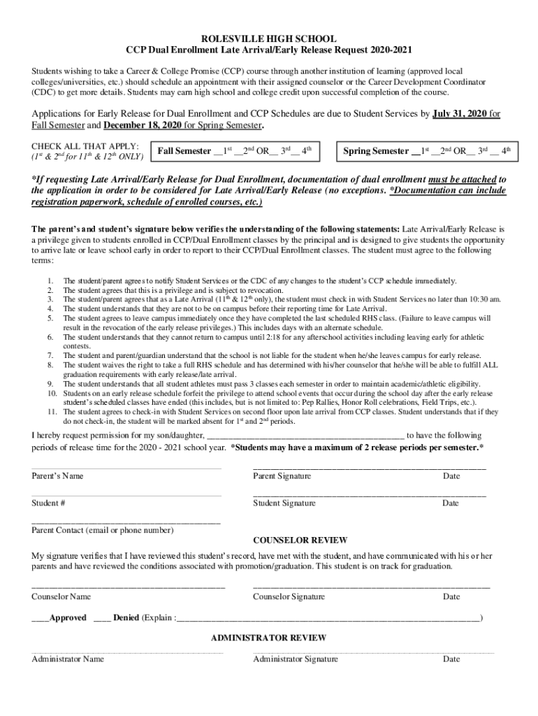 Fillable Online CCP Dual Enrollment Late Arrival/Early Release Request ... Fax Email Print ...