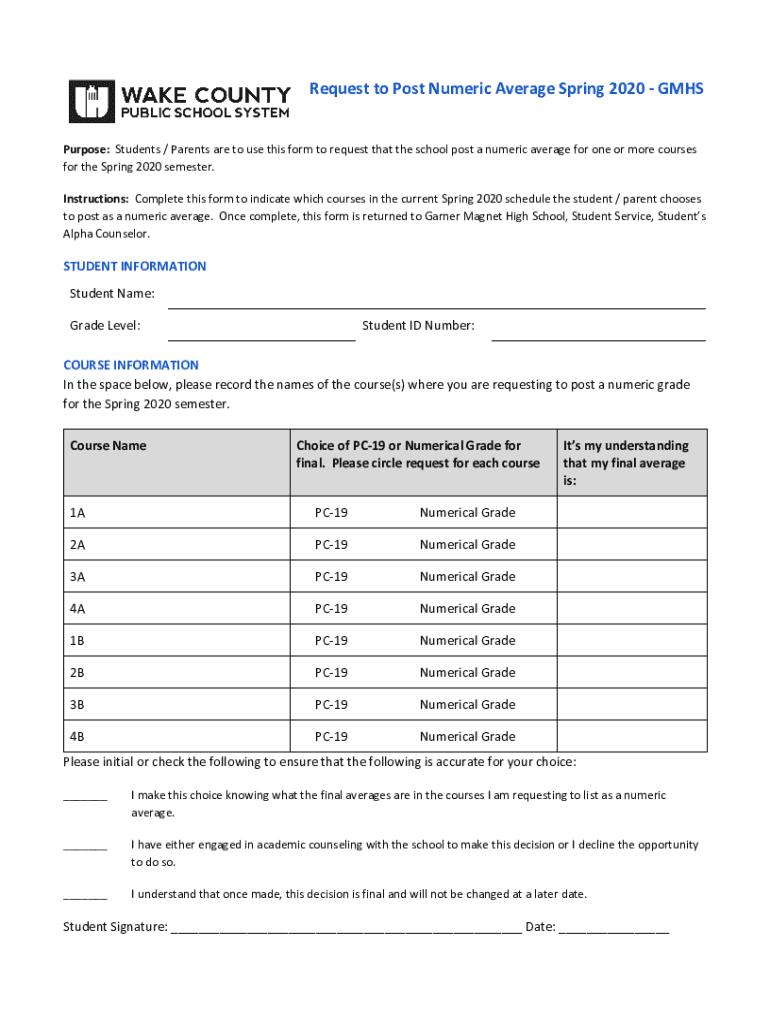 Fillable Online Request to Post Numeric Average Spring 2020 - GMHS Fax ...