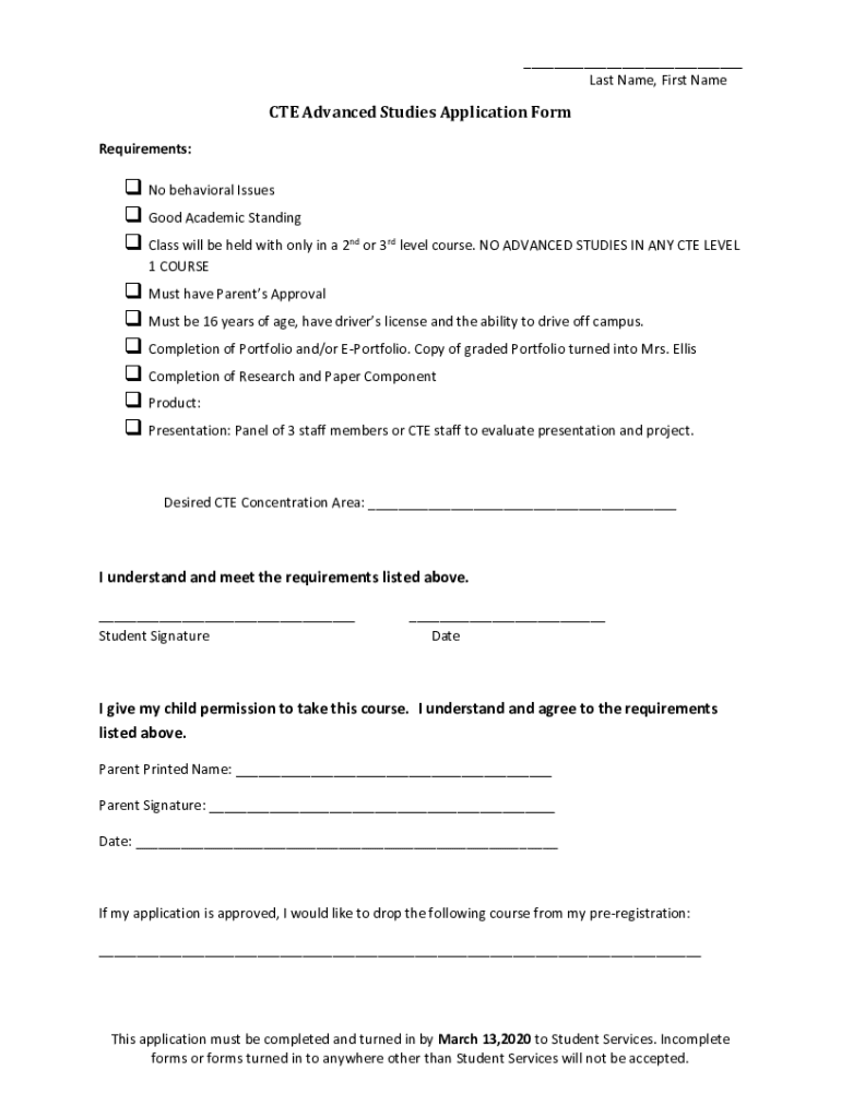 Fillable Online CTE Advanced Studies Application Form Fax Email Print ...