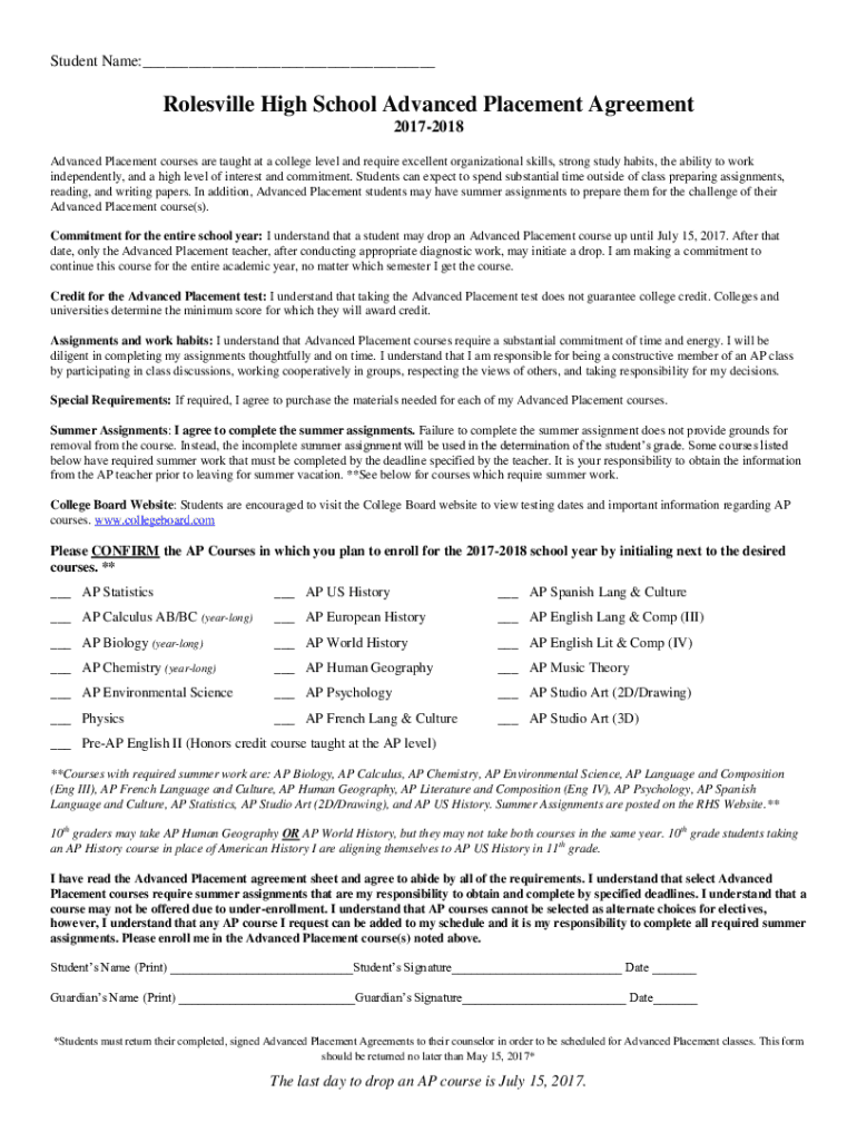 Fillable Online Rolesville High School Advanced Placement Program ...