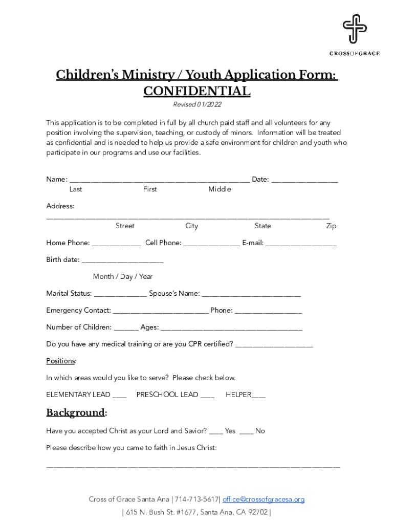 Fillable Online Children's Ministry / Youth Application Form ...