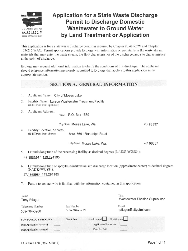 Fillable Online Application For A State Waste Discharge Permit to ...