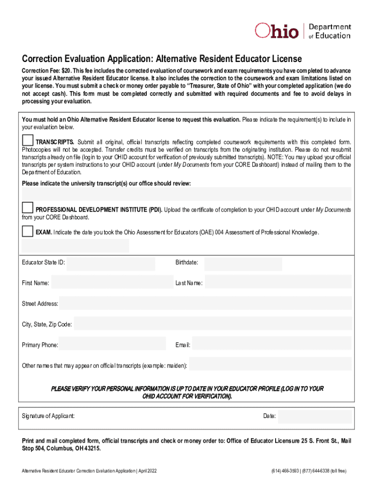 Fillable Online Alternative Resident Educator Licenses - Ohio Department of Education Fax Email ...