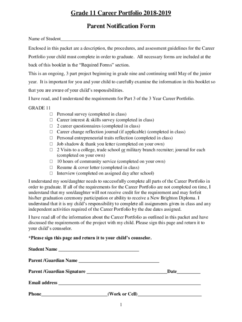 Fillable Online Grade 11 Career Portfolio 2018-2019 Parent Notification ...