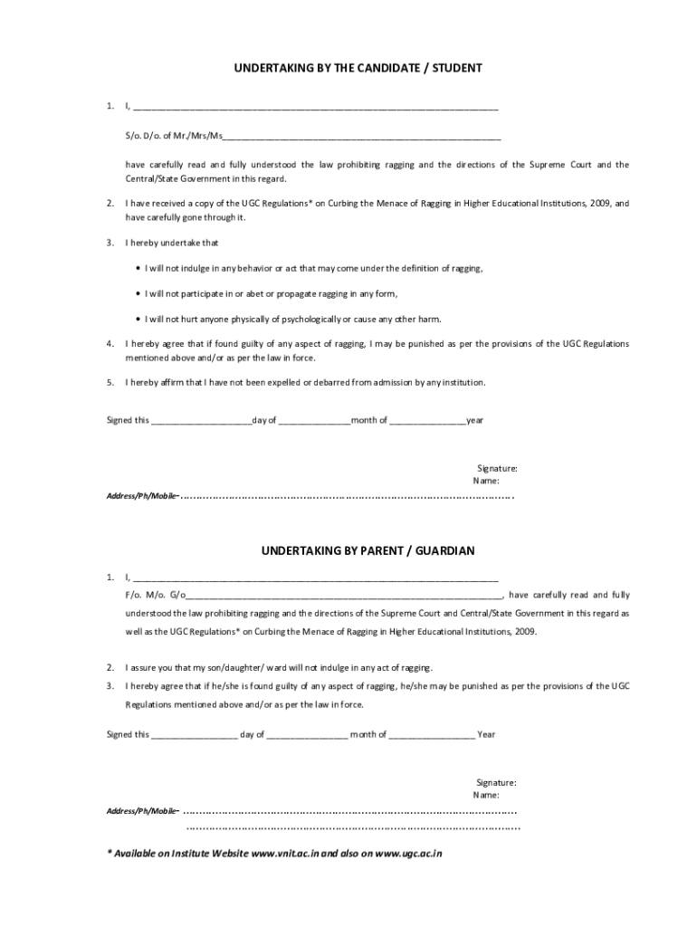 Fillable Online UNDERTAKING BY THE CANDIDATE / STUDENT - ssla.edu.in Fax Email Print - pdfFiller