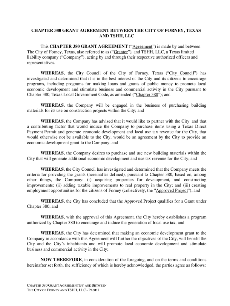 Fillable Online CHAPTER 380 GRANT AGREEMENT BETWEEN THE CITY OF ... Fax ...