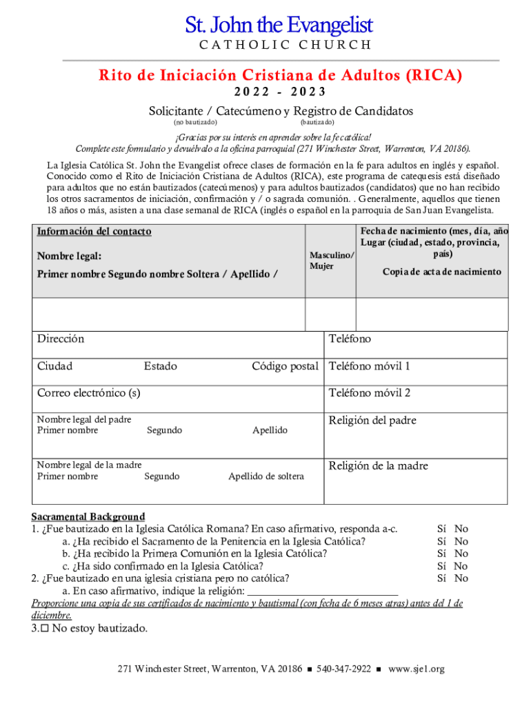 Fillable Online RCIA Registration Inquiry Form (Spanish) Fax Email ...