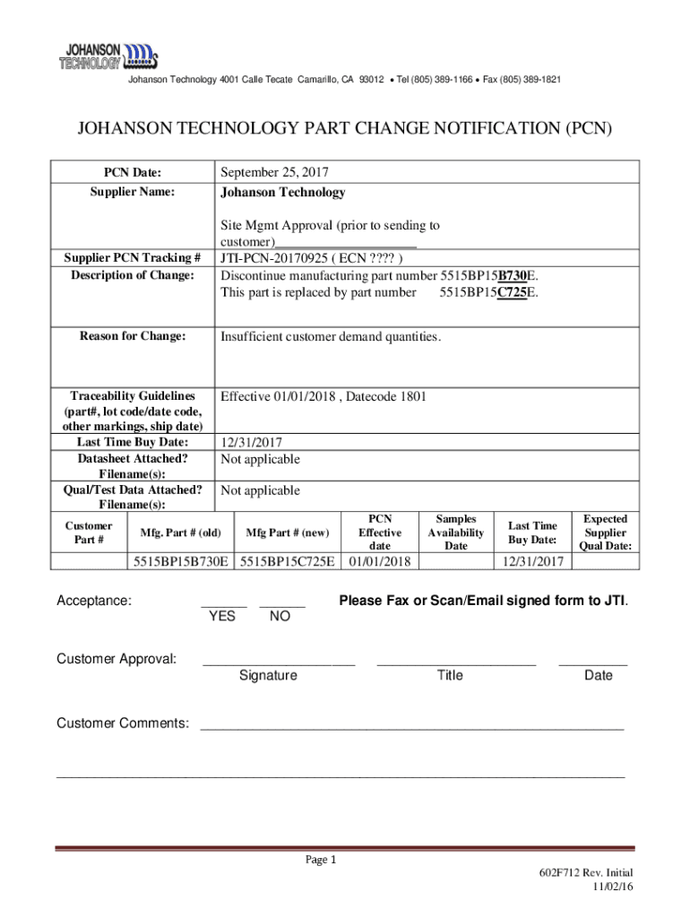 Fillable Online JOHANSON TECHNOLOGY PART CHANGE NOTIFICATION (PCN) Fax ...