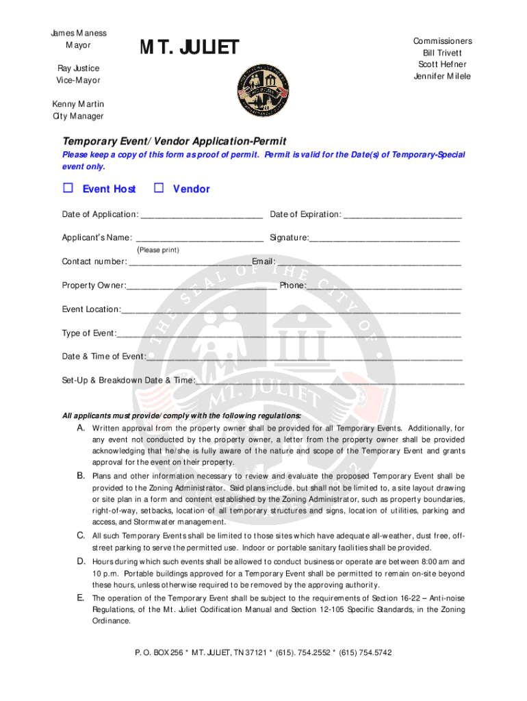 Fillable Online James Maness Commissioners Mayor CITY OF MT. JULIET Jennifer Milele Ray ... Fax ...