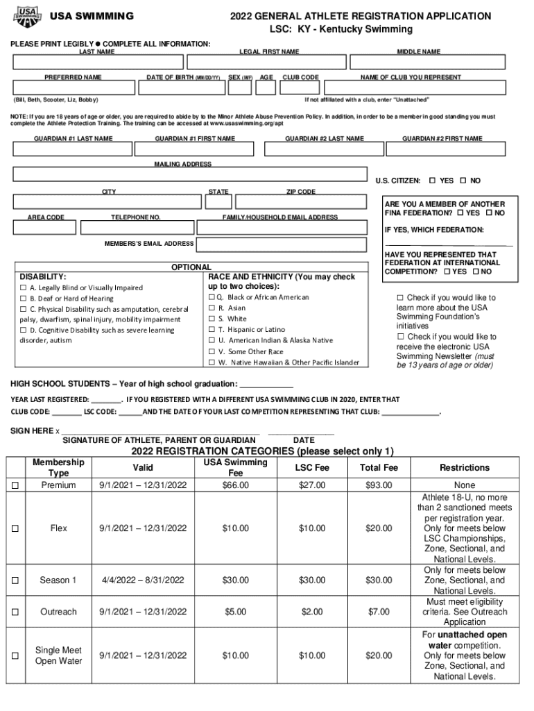 Fillable Online 2022 GENERAL ATHLETE REGISTRATION APPLICATION LSC: KY ...