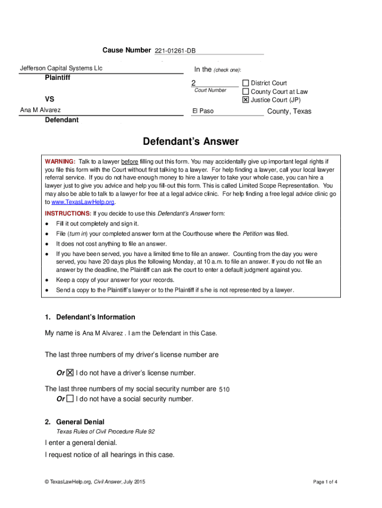 Fillable Online texaslawhelp.orgsitesdefaultDefendants Answer Civil ...