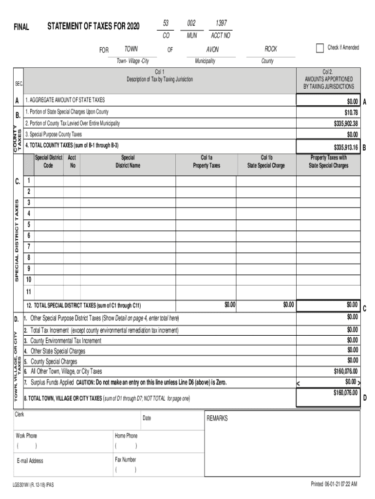 Fillable Online STATEMENT OF TAXES FOR 2020 Fax Email Print - pdfFiller