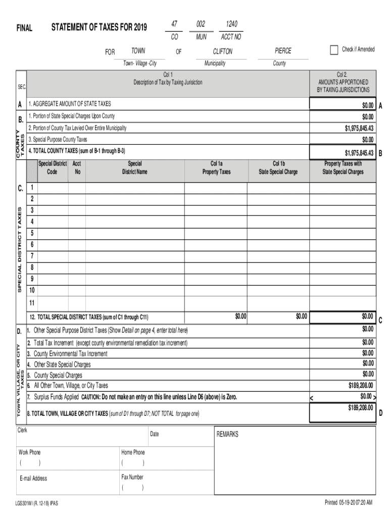 Fillable Online 2019 Final Statement of Taxes for Pierce County Fax ...