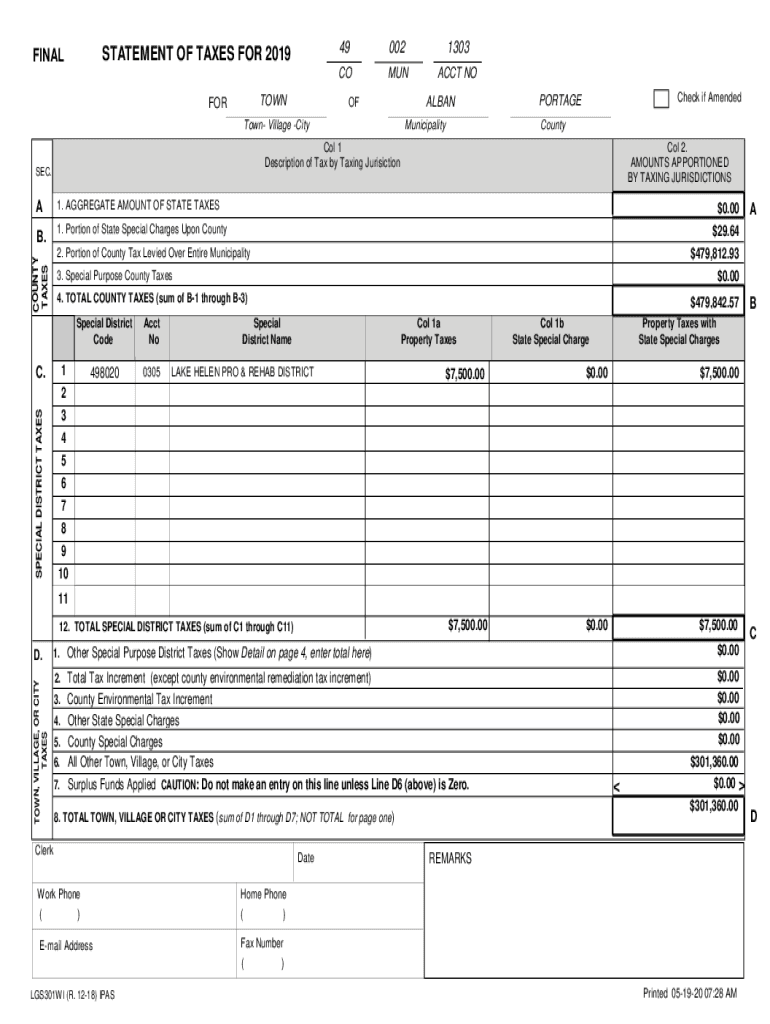 Fillable Online 2019 Final Statement of Taxes for Portage County Fax ...