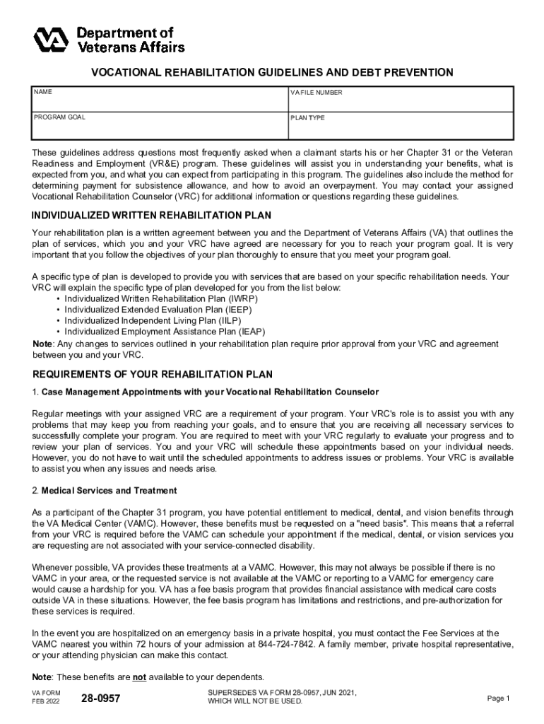 Fillable Online VA Form 28-0957. Vocational Rehabilitation and ...