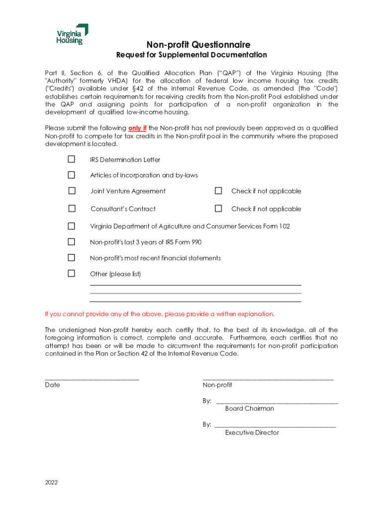 Fillable Online Application Tab I, Non-profit Questionnaire Request for Supplemental ...