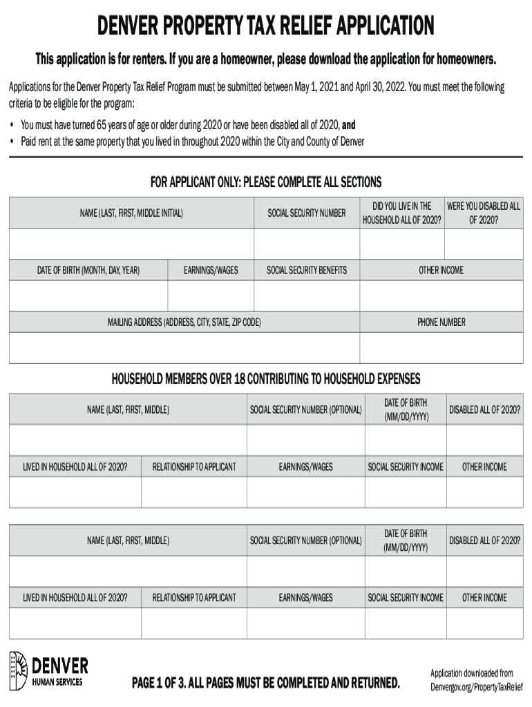 Fillable Online Denver Property Tax Relief Program Renter Application ...