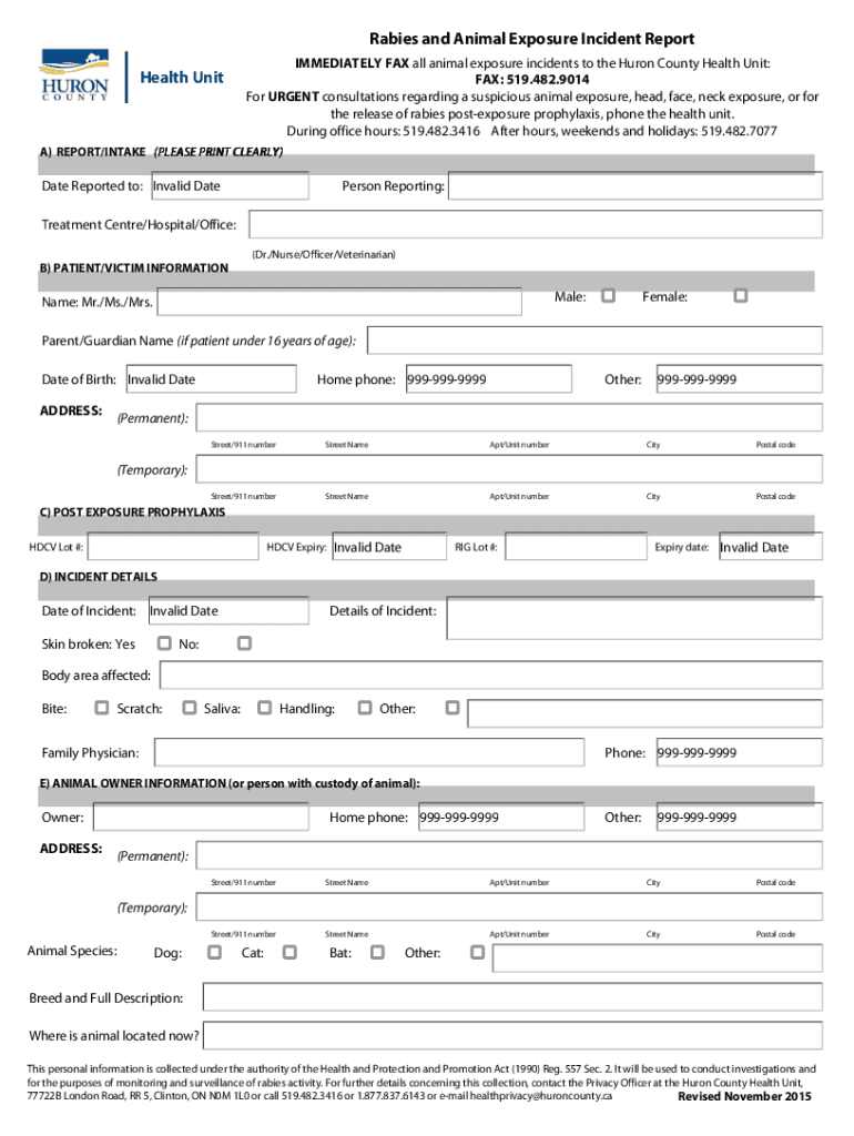 Fillable Online Huron County Health Unit Rabies and Animal Exposure ...