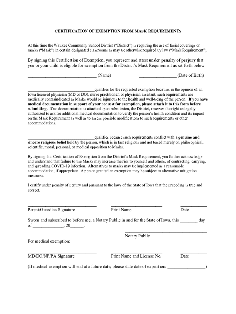 Fillable Online Mask Exemption Form--Waukee CSD2-22 (02007030x7F7E1 ...