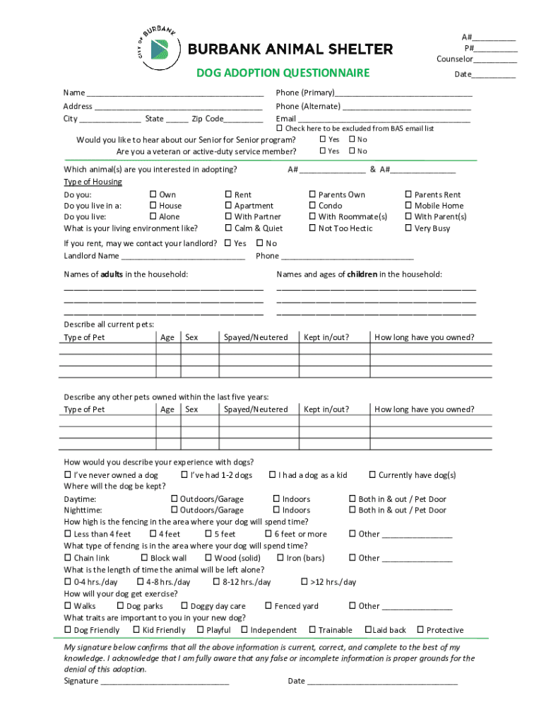 Fillable Online DOG ADOPTION QUESTIONNAIRE - burbankca.gov Fax Email ...
