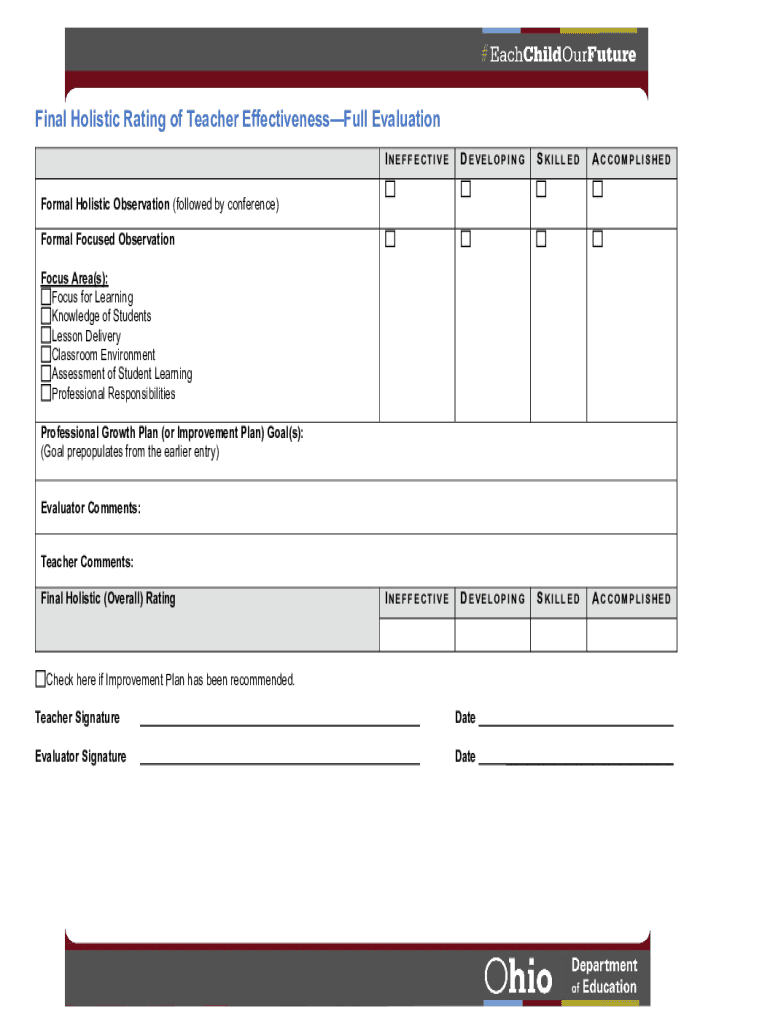 Fillable Online Final Holistic Rating of Teacher Effectiveness- Full Evaluation Fax Email Print ...