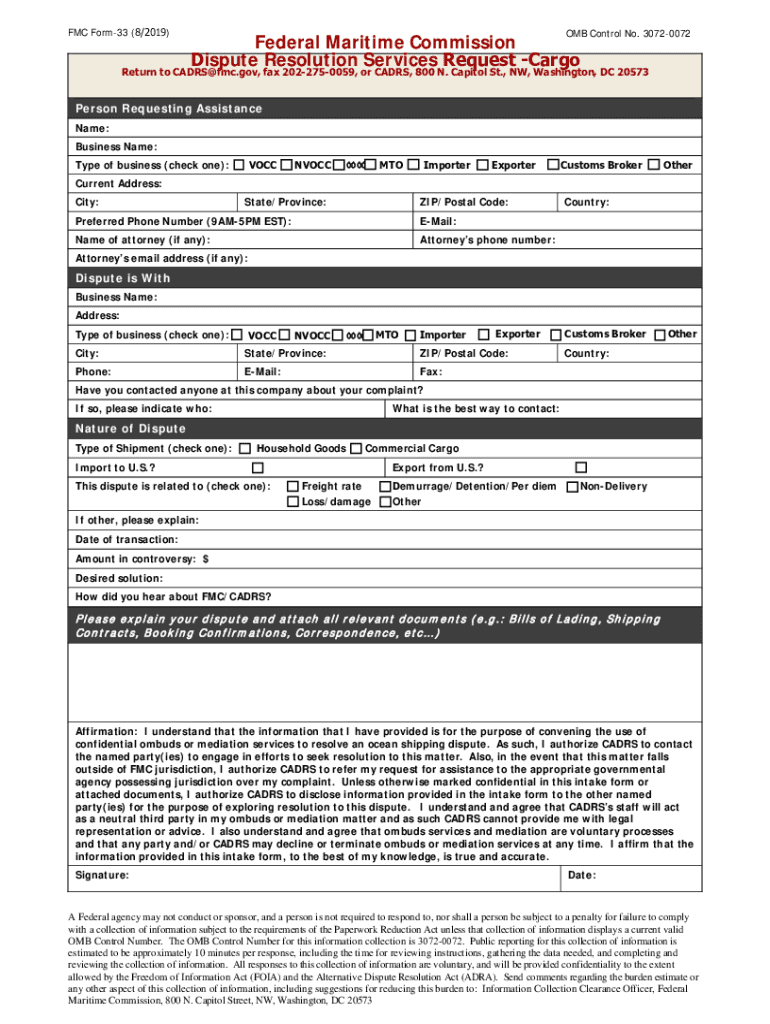 Fillable Online omb.reporticr201908/3072/002Form FMC Form-33 FMC Form ...