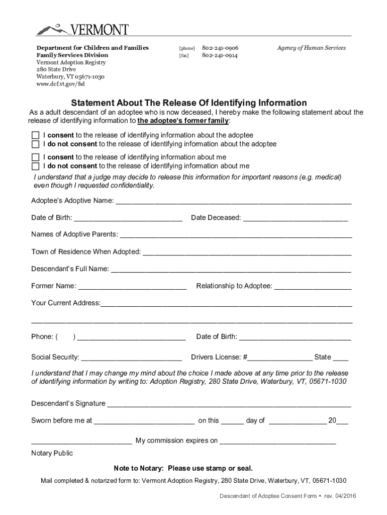 Fillable Online outside vermont dcf.vermont.govfsdFamily Services ...