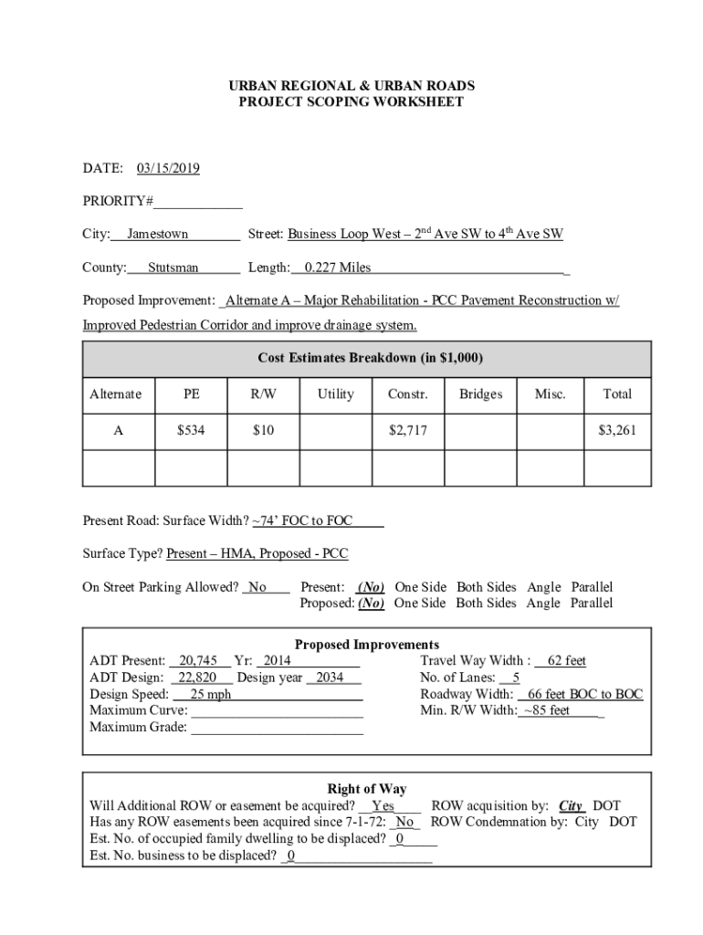 Fillable Online www.dot.nd.govdivisionsetsURBAN REGIONAL & URBAN ROADS PROJECT SCOPING WORKSHEET ...