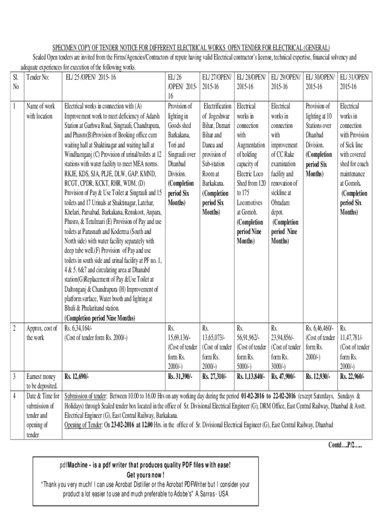 Fillable Online Electrical Services Tenders - Tender ...