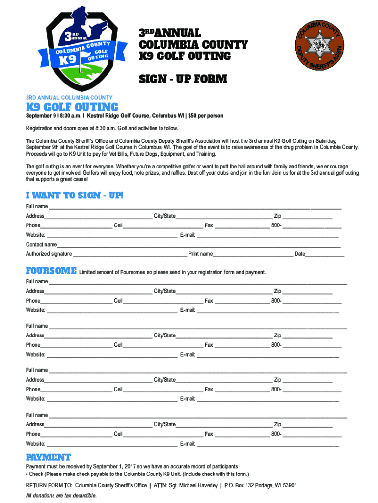 Fillable Online 3rdannual columbia county k9 golf outing sign - up form ...