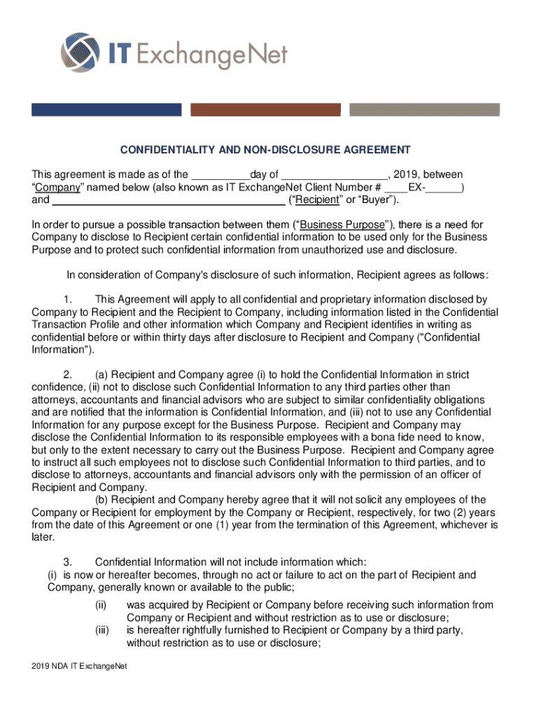 Fillable Online Confidentiality and Non-disclosure AgreementNon-Disclosure Agreement (NDA ...