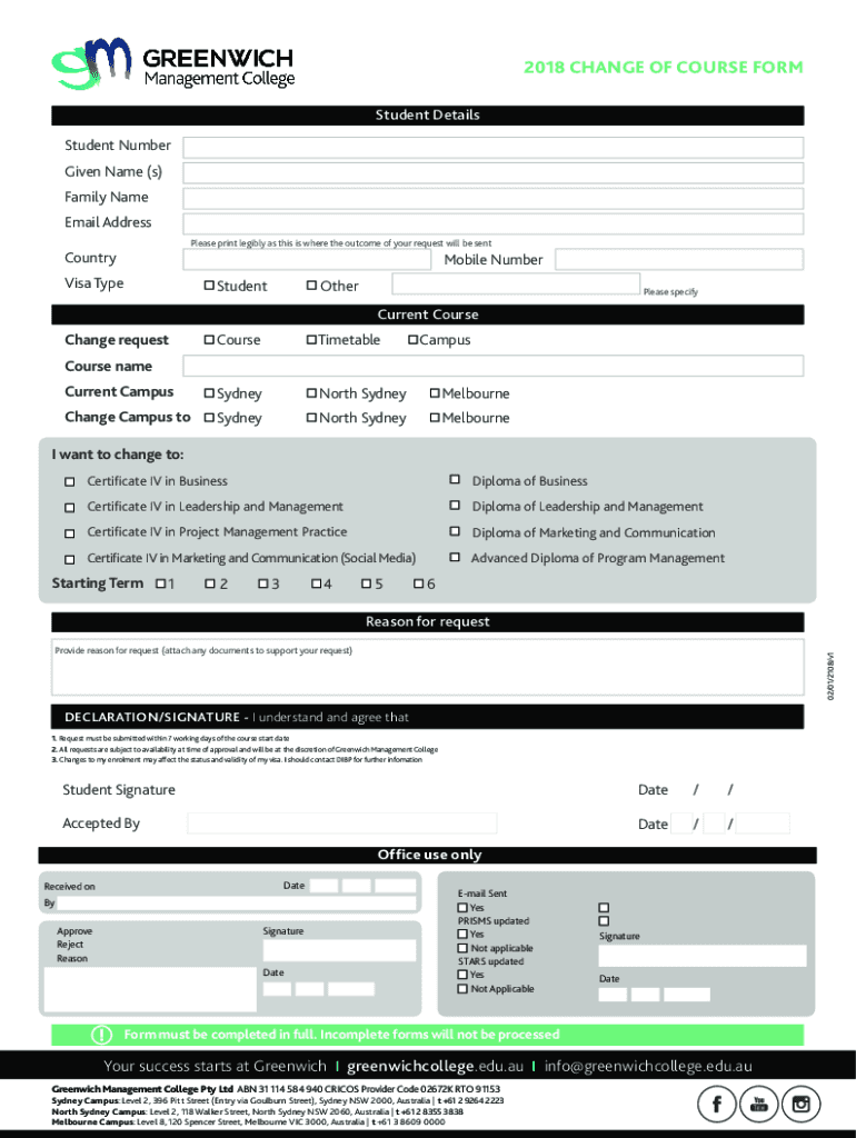 Fillable Online 2018 CHANGE OF COURSE FORM - HubSpot Fax Email Print ...