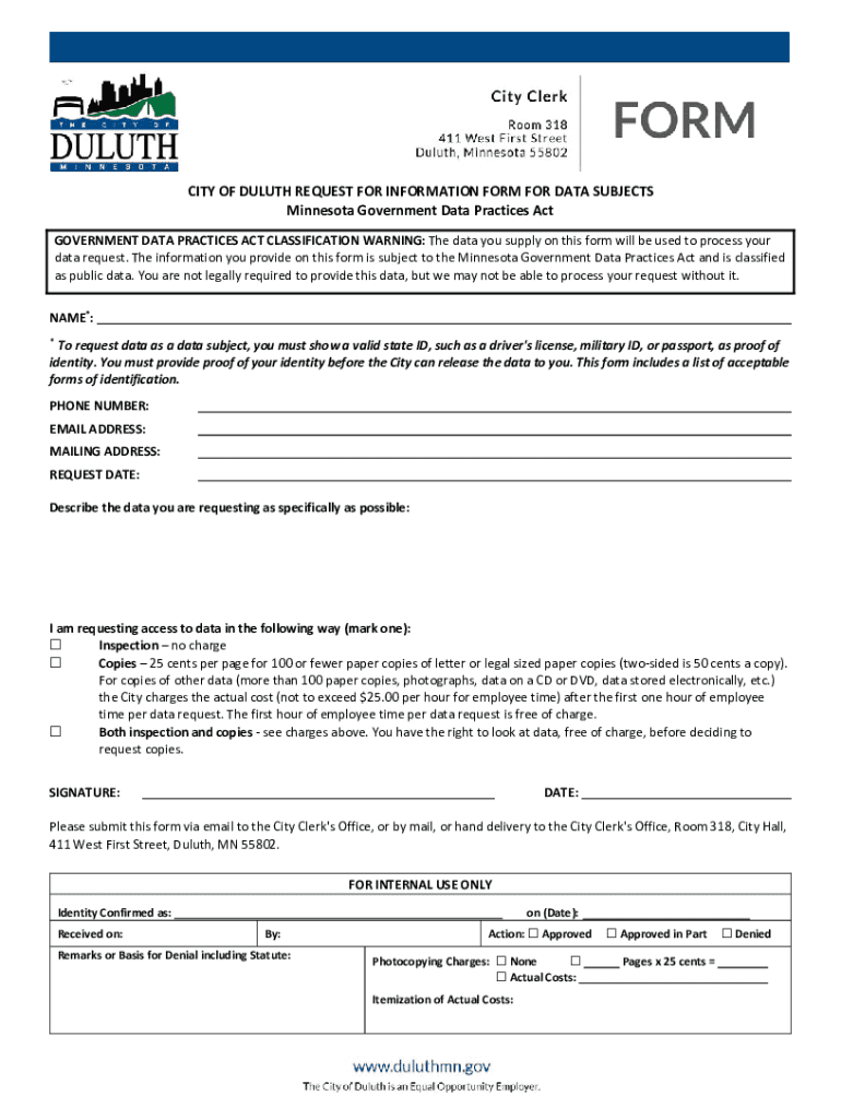 Fillable Online CITY OF DULUTH REQUEST FOR INFORMATION FORM FOR ... Fax Email Print - pdfFiller