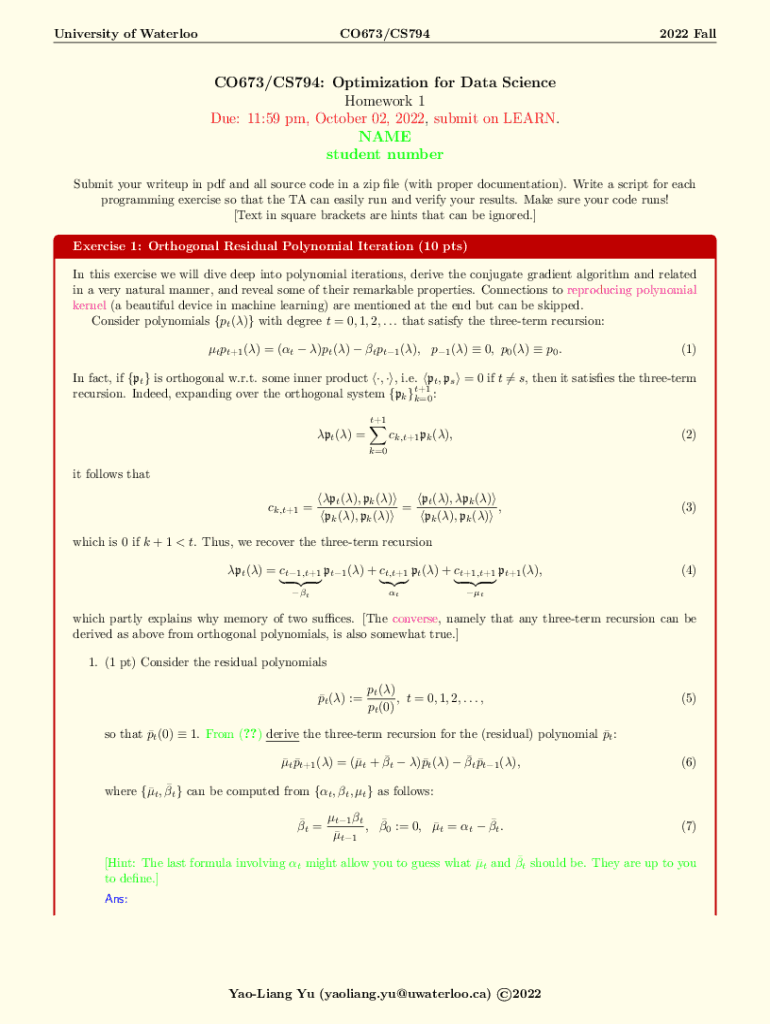 Fillable Online cs uwaterloo cs.uwaterloo.cay328yumycoursesCO673/CS794: Optimization for Data ...