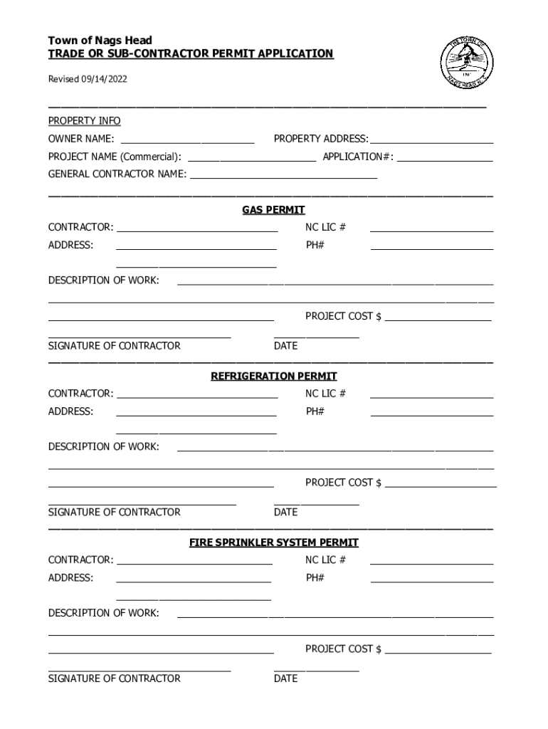 Fillable Online Town of Nags Head TRADE OR SUB-CONTRACTOR PERMIT ...