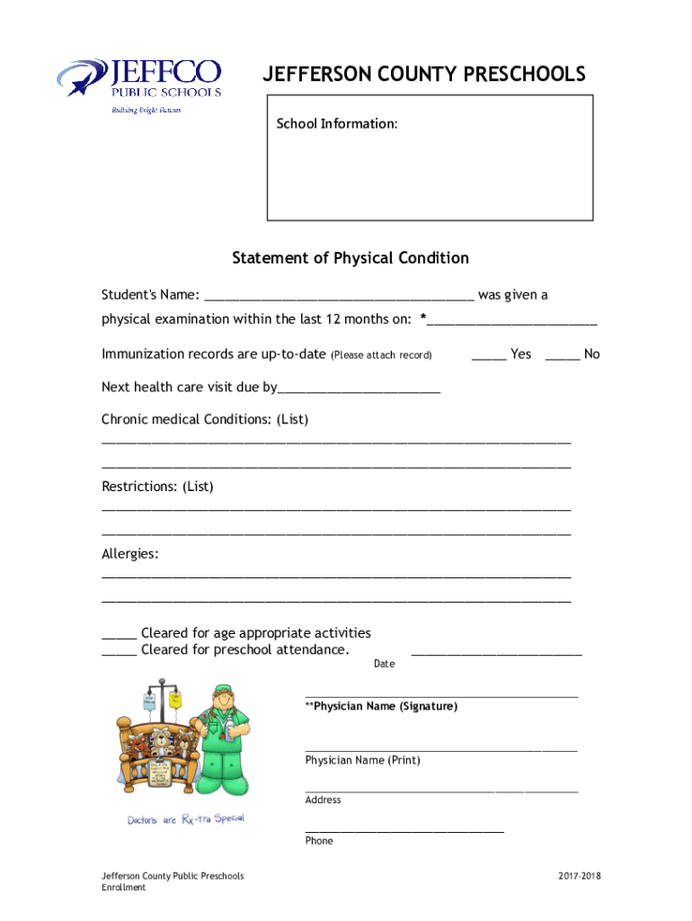 Fillable Online JEFFERSON COUNTY PRESCHOOLS - Jeffco Public Schools Fax ...