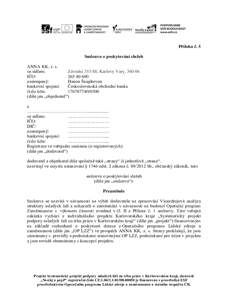 Fillable Online Ploha . 5 Smlouva o poskytovn slueb ANNA KK, z. s. se ...